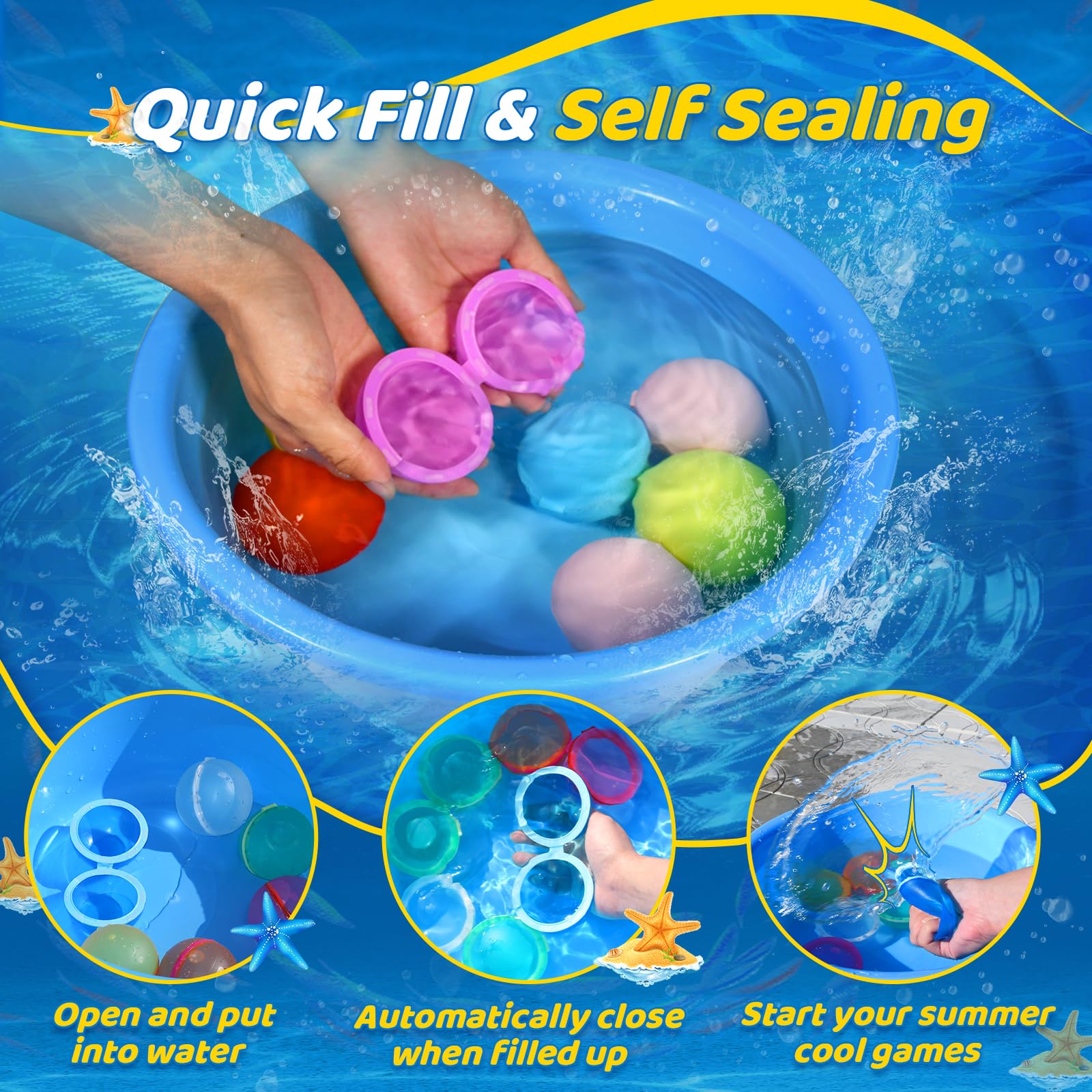 SOPPYCID Reusable Water Bomb Balloons, 6Pack Magnetic Water Balloons Quick Fill, Self Sealing Water Balloons, Latex-Free Splash Balls with Mesh Bag, Outdoor Games Pool Toys for Kids Adults