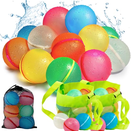 COLETA Reusable Water Balloons 12 Pcs Magnetic Self-Sealing. With 2 Side Bags. Refillable Latex-Free Soft Silicone Bombs Quick Fill Balls Boy Girl Gift Toy for Outdoor Activities Pool Beach Splash Fun