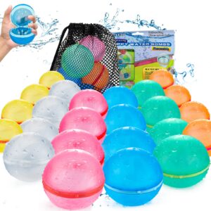 tizikcon 24 pcs reusable water balloons, refillable magnetic water balls for outdoor games, self sealing water splash bomb quick fill for summer fun, pool beach toys for kids ages 3-12