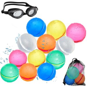 12 pack reusable water balloons for kids, adults with goggles, mesh bag| magnetic refillable water balloons | self-sealing water bombs summer fun toys, silicone water balloon quick fill summer games