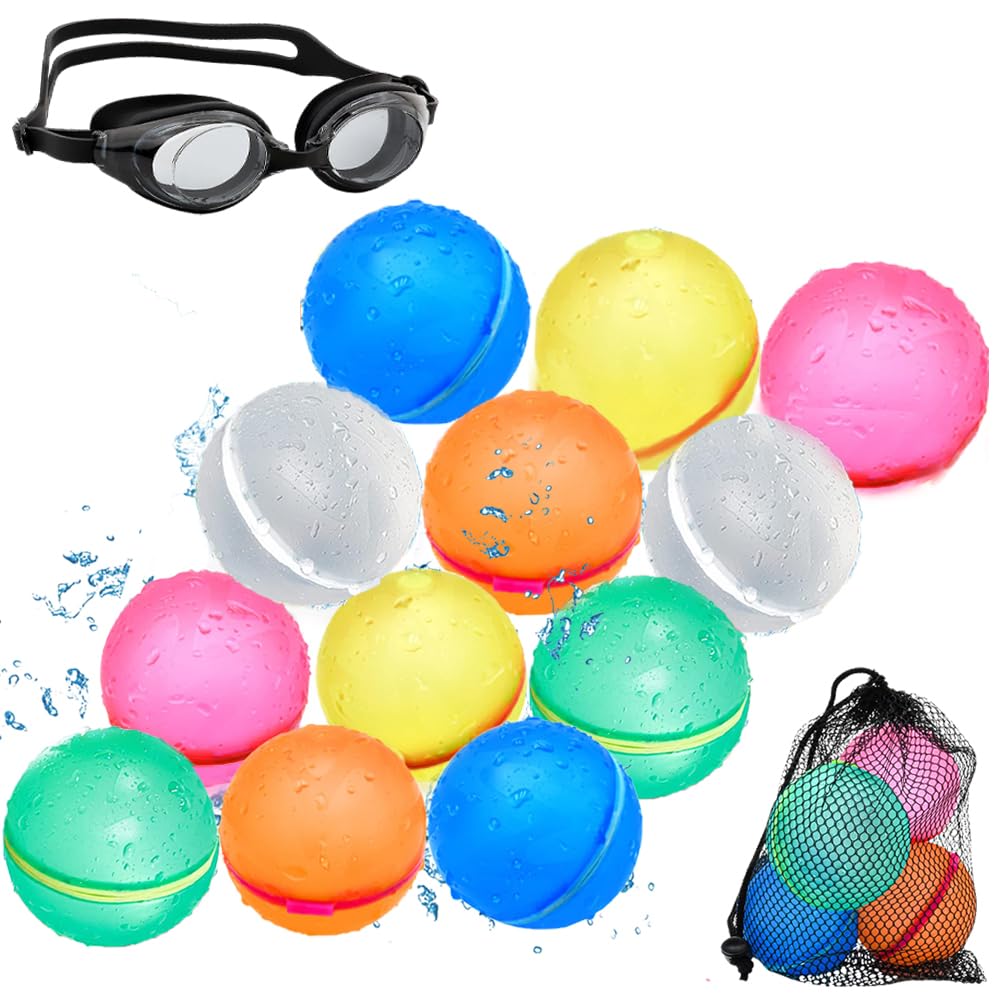 12 Pack Reusable Water Balloons for Kids, Adults with Goggles, Mesh Bag| Magnetic Refillable Water Balloons | Self-Sealing Water Bombs Summer Fun Toys, Silicone Water Balloon Quick Fill Summer Games