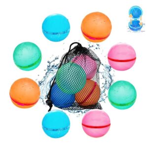 8pcs reusable water balloons self-sealing easy quick fill, soft silicone water bombs splash balls for kids adults, perfect for outdoor water fight games and swimming pool party - with mesh bag