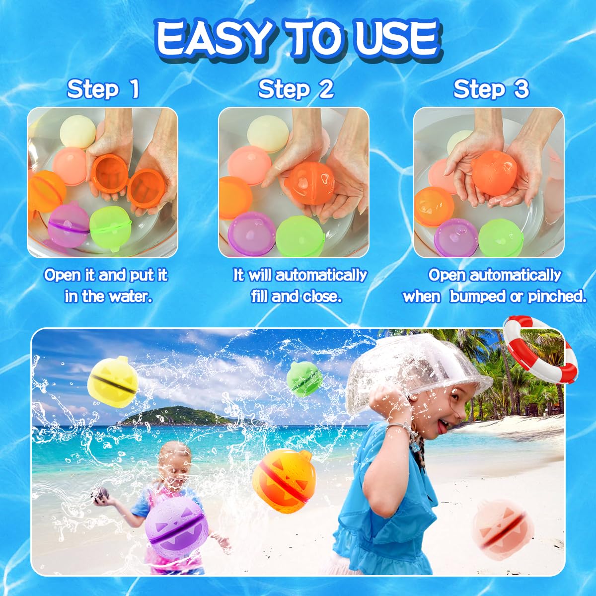 Hiliop 12PCS Reusable Water Balloons Quick Fill & Self Sealing, Latex-Free Silicone Magnetic Splash Water Balloon for Kids