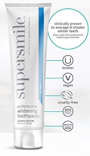 Supersmile Professional Teeth Whitening Toothpaste with Fluoride - Clinically Proven to Remove Stains & Whiten Teeth Up to 6 Shades - Enamel Strengthening - No Sensitivity (Icy Mint, 4.2 Oz)