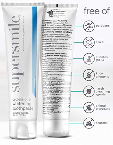 Supersmile Professional Teeth Whitening Toothpaste with Fluoride - Clinically Proven to Remove Stains & Whiten Teeth Up to 6 Shades - Enamel Strengthening - No Sensitivity (Icy Mint, 4.2 Oz)