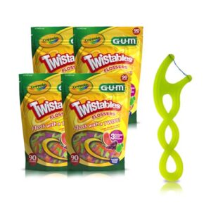 gum crayola twistables kids flossers with fluoride - designed for little hands - three fun fruit flavors - easy to use kids floss picks for children ages 3+, 90 ct (4pk)