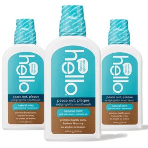 hello peace out plaque, antigingivitis alcohol free mouthwash, natural mint with aloe vera and coconut oil, fluoride free, vegan, sls free and gluten free, 16 ounce (pack of 3)