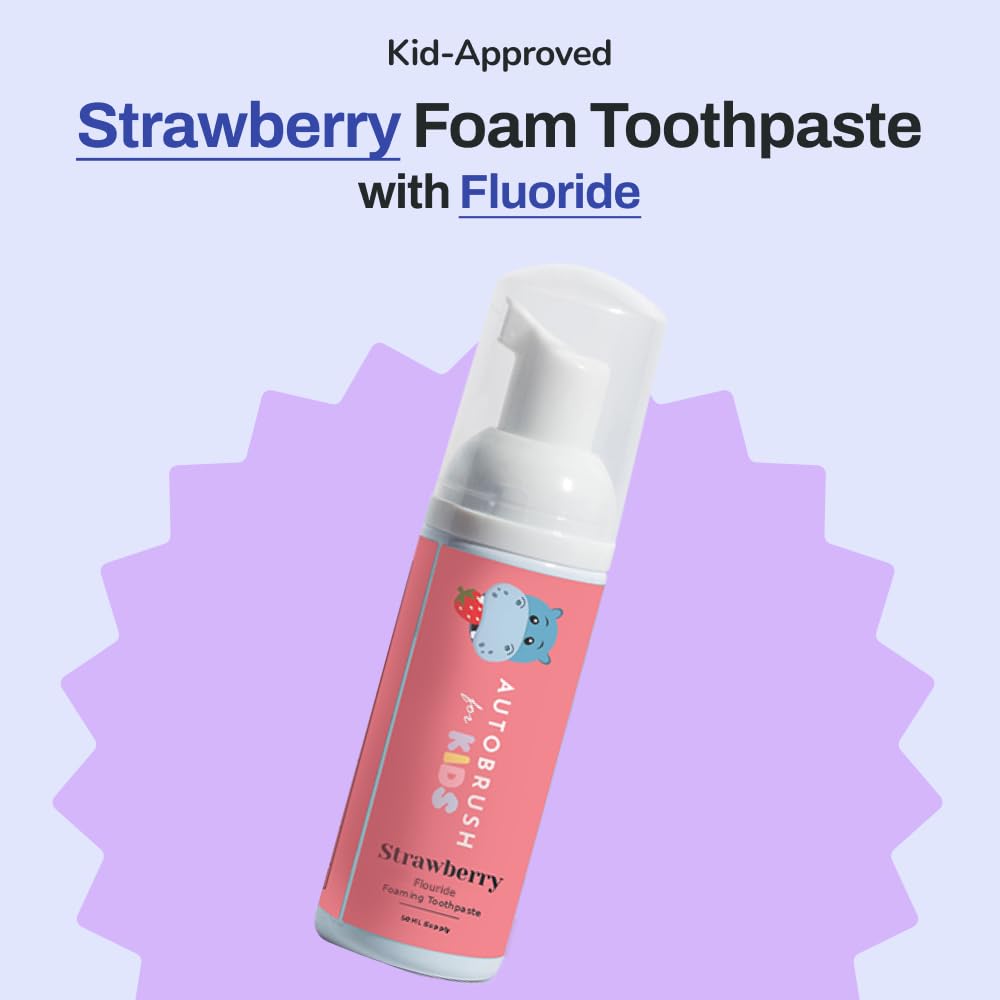 AutoBrush Kids Fluoride Foaming Toothpaste Strawberry Flavor for Electric or U-Shaped Toothbrush, SLS-Free, Training Toothpaste, Anti-Cavity, Travel Friendly (1 Pack)