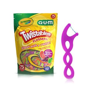 gum crayola twistables kids flossers with fluoride - designed for little hands - three fun fruit flavors - easy to use kids floss picks for children ages 3+, 75 ct