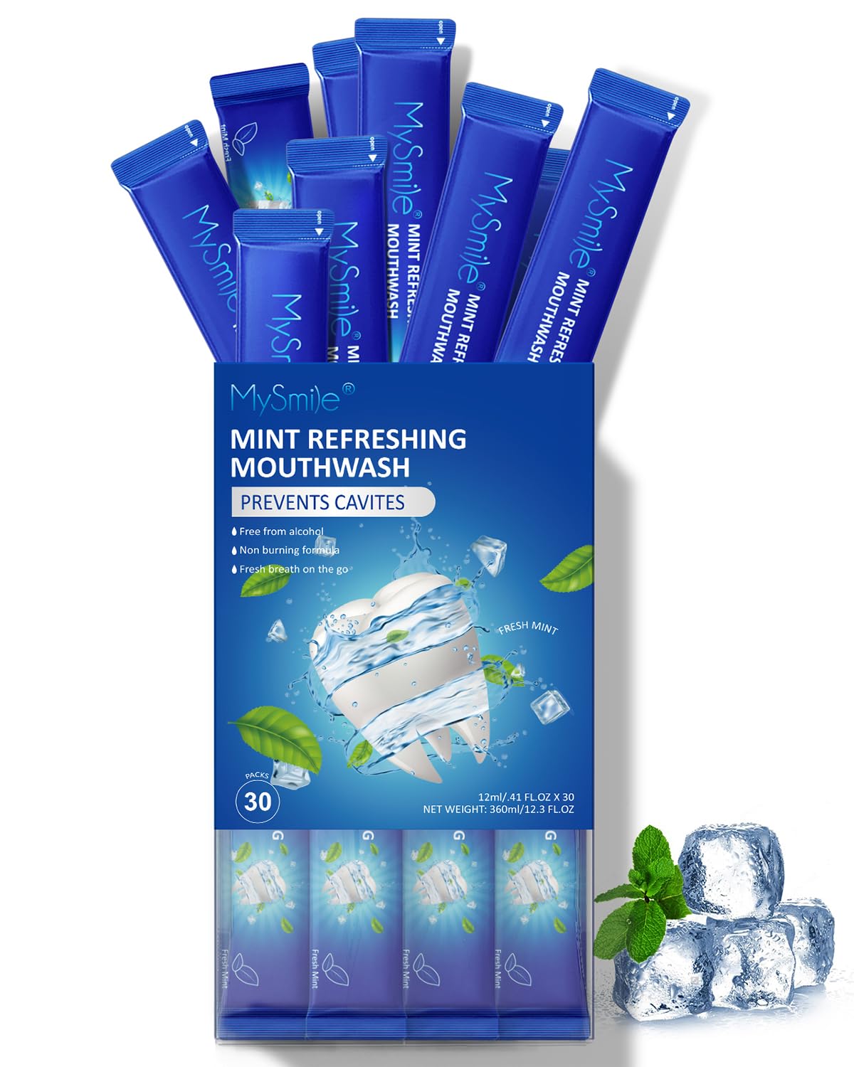 MySmile Mouthwash Alcohol Free, Mouth Wash for Adults, Travel Mouthwash Helps Kill 99% of Bad Breath Germs, Prevents Cavities, Fluoride Free, Fresh Mint, 30 Uses (0.41 Fl Oz (Pack of 30))