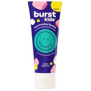 burstkids marshmallow sparkle kids toothpaste with fluoride - great tasting flavored childrens & toddler toothpaste - anticavity, dye free, vegan, safe toothpaste for kids ages 2+ - 4oz