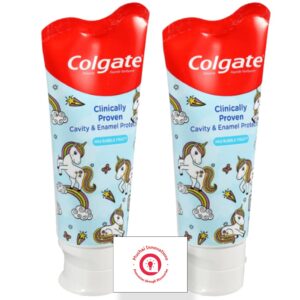 colgate kids fluoride anticavity toothpaste for ages 2+, ada-accepted clinically proven, cavity & enamel protection | mild bubble fruit flavor - 2 tubes plus muchai card