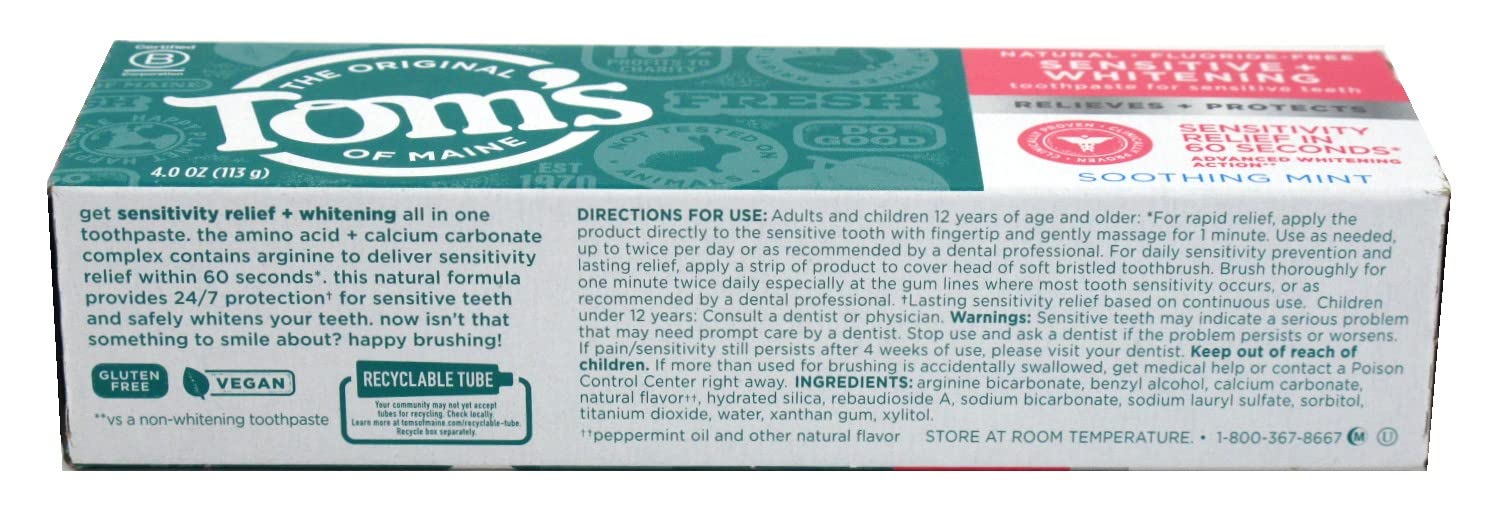 Tom's of Maine Sensitive + Whitening Fluoride-Free Toothpaste, 4.0oz