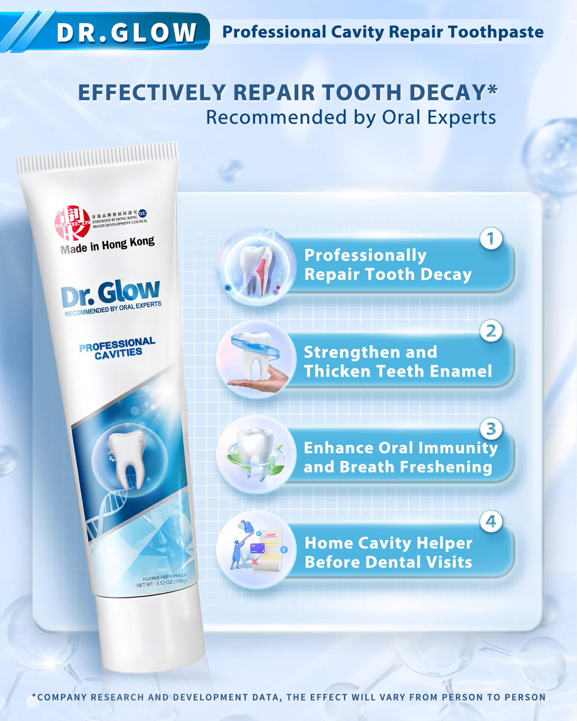 Dr. Glow Adult Cavity Repair Toothpaste, Hydroxyapatite Toothpaste Fluoride Free, Home Cavity Repair Remineralizing Toothpaste for Enamel Repair, Tooth Decay Repair Toothpaste for Stain Removal 2Tubes