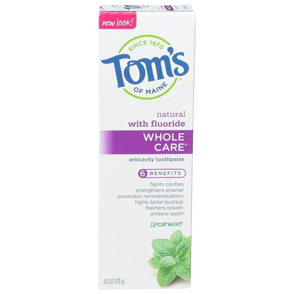 Toms of Maine Natural Whole Care Spearmint Anticavity Toothpaste with Fluoride, 4 Ounce - 6 per case.