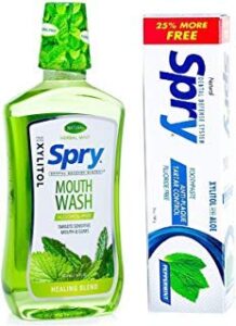 spry alcohol-free xylitol mouthwash, natural herbal mint, healing blend - 16 fl oz + toothpaste, fluoride-free, natural peppermint, anti-plaque and tartar control, 5 oz (bundle pack)