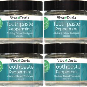 Pack of 4 Viva Doria Fluoride Free Natural Toothpaste - Peppermint (3 oz Glass jar) Refreshes Mouth, Freshens Breath, Keeps Teeth and Gum Healthy