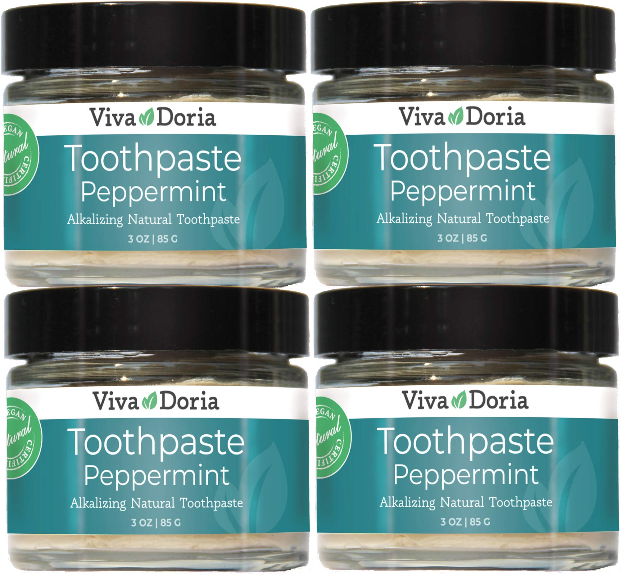 Pack of 4 Viva Doria Fluoride Free Natural Toothpaste - Peppermint (3 oz Glass jar) Refreshes Mouth, Freshens Breath, Keeps Teeth and Gum Healthy