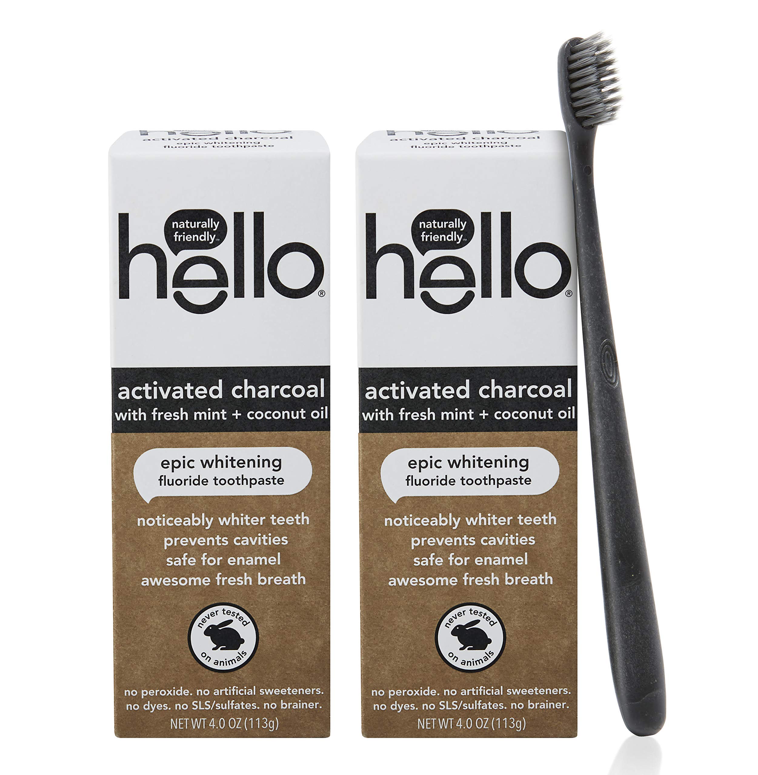 Hello Activated Charcoal Epic Teeth Whitening Fluoride Toothpaste and Toothbrush, Fresh Mint and Coconut Oil, Vegan, SLS Free, Gluten Free and Peroxide Free, 2 Count (Pack of 1)