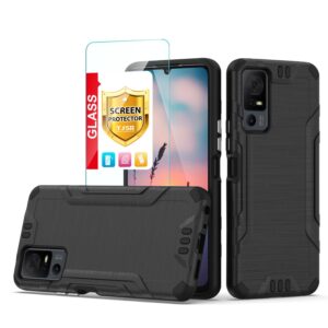 tjs compatible for tcl 40 xl case, tcl 40 t t608dl case, lively jitterbug smart4 case, with tempered glass screen protector, magnetic support hybrid shockproof metallic brush finish phone case (black)