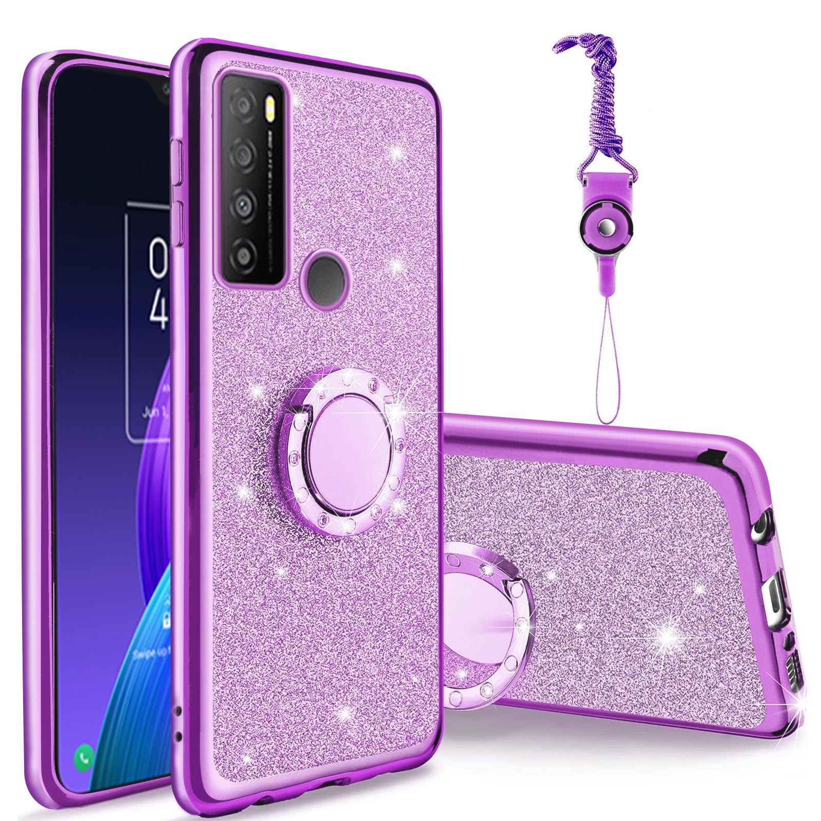 Easyscen Case for TCL 30 XL (6.82-inch) Cover Shockproof Protector with Strap Lanyard Holder Ring for Girls Women Glitter Sparkle Bling Cute Phone Case for TCL 30 XL (T701DL) - Purple