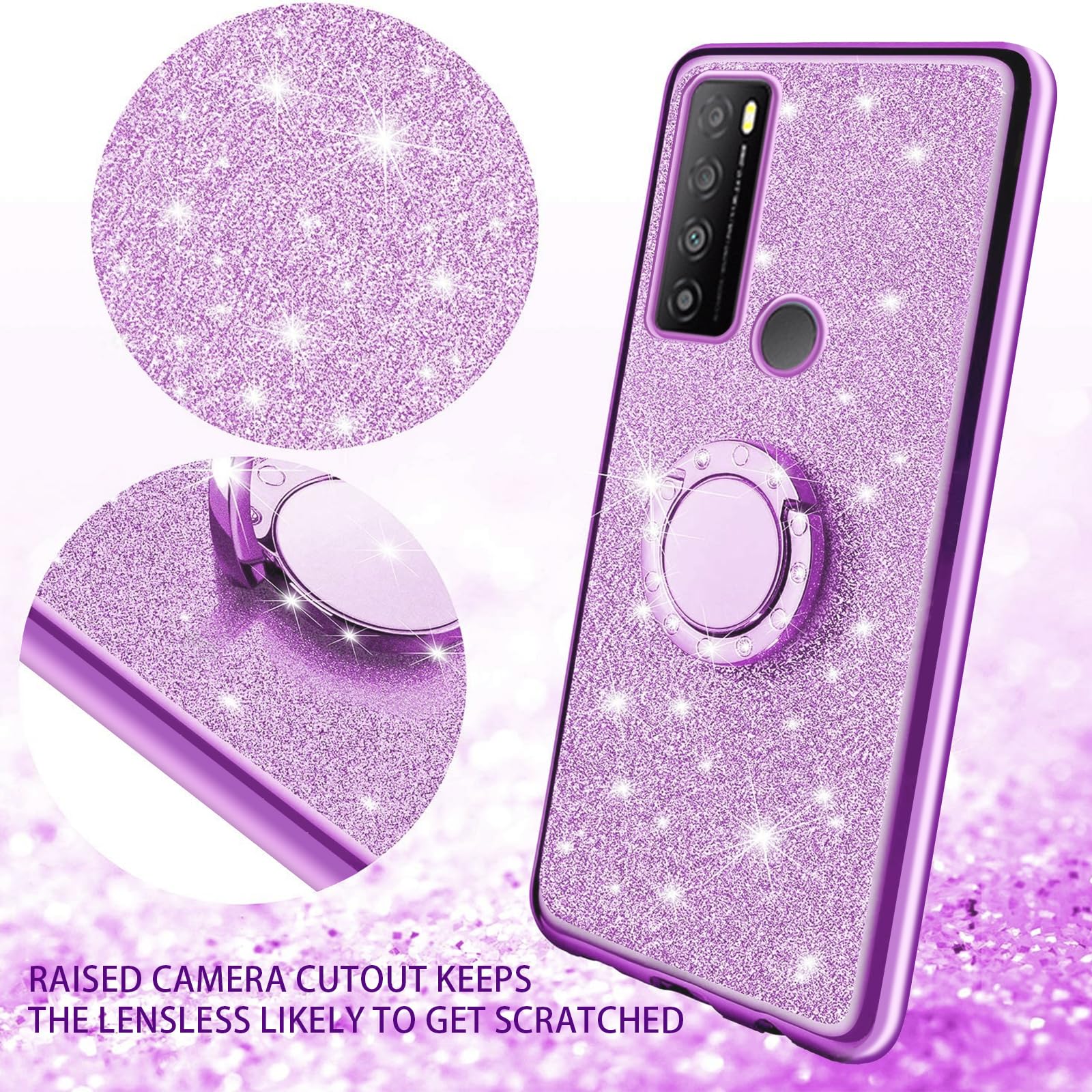 Easyscen Case for TCL 30 XL (6.82-inch) Cover Shockproof Protector with Strap Lanyard Holder Ring for Girls Women Glitter Sparkle Bling Cute Phone Case for TCL 30 XL (T701DL) - Purple