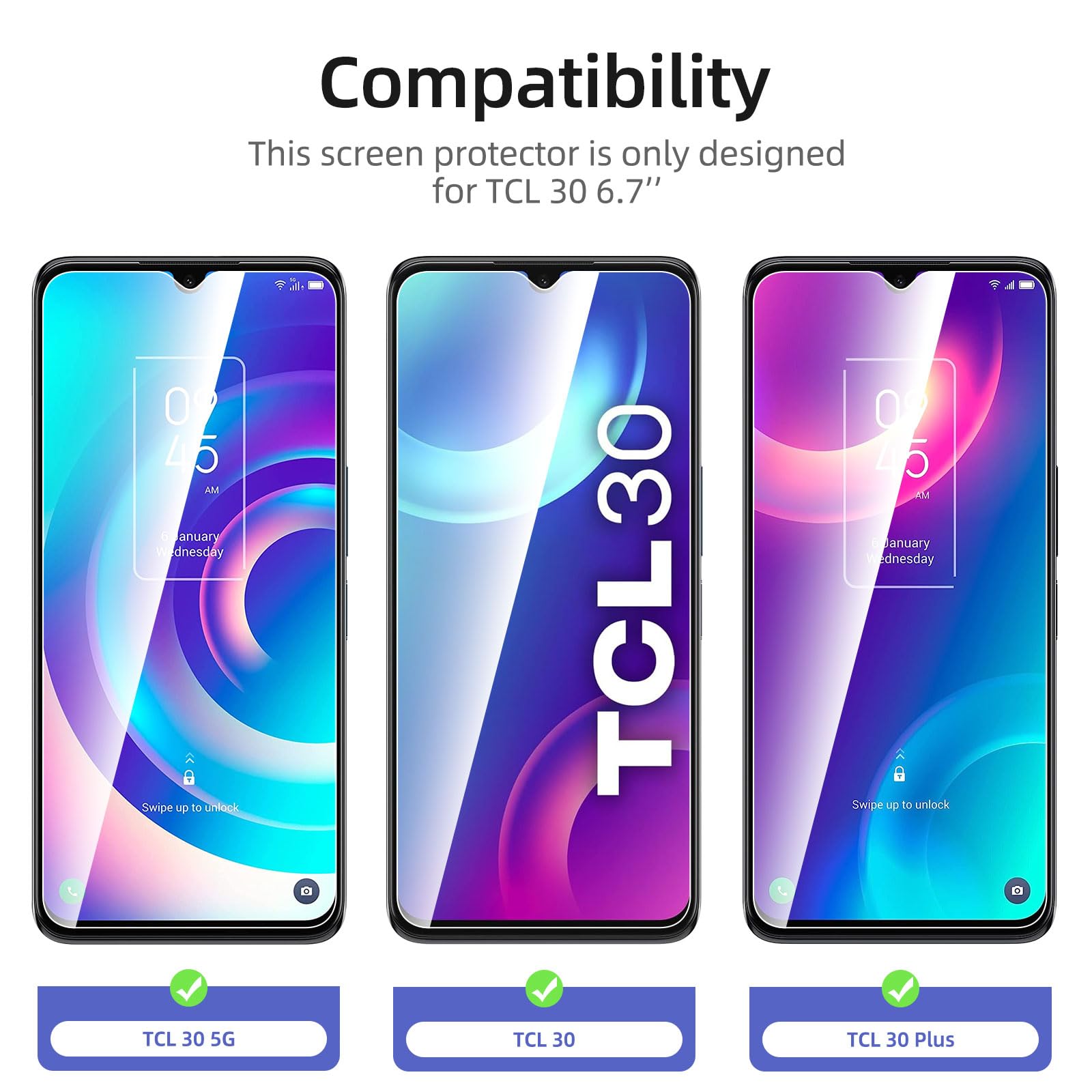 NEW'C [3 Pack] Designed for TCL 30 5G/TCL 30/TCL 30 Plus Screen Protector Tempered Glass, Bubble Free, Ultra Resistant