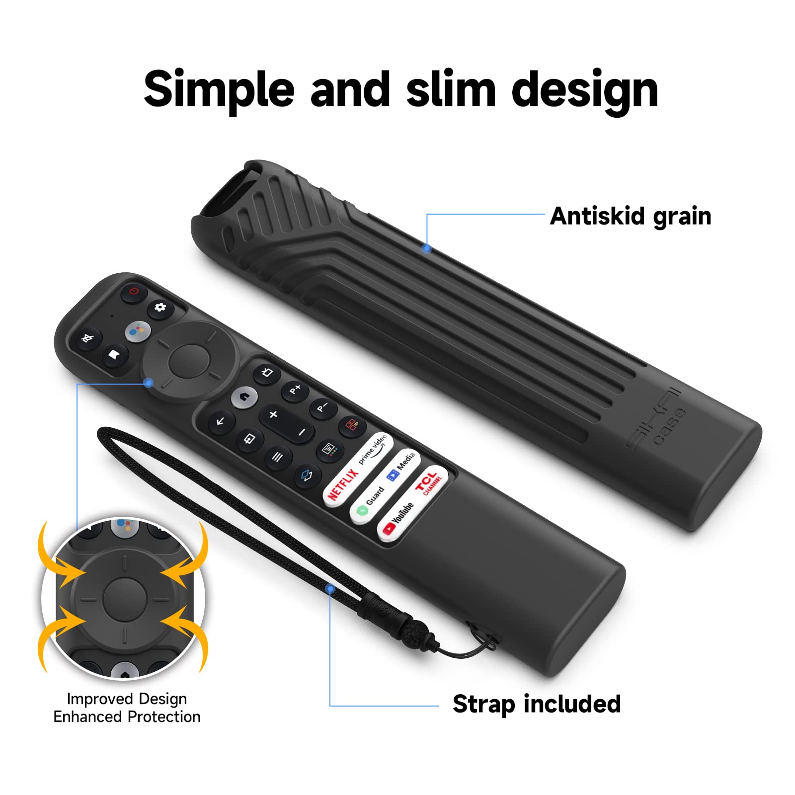 SIKAI Silicone Cover for TCL RC902V FMR1,RC813 FMB1 FMB3,RC923 Voice Remote Shockproof Case for 55R646 55S546 65R646 65S546 75R646 Series TV Remote, Anti Lost with Lanyard Black