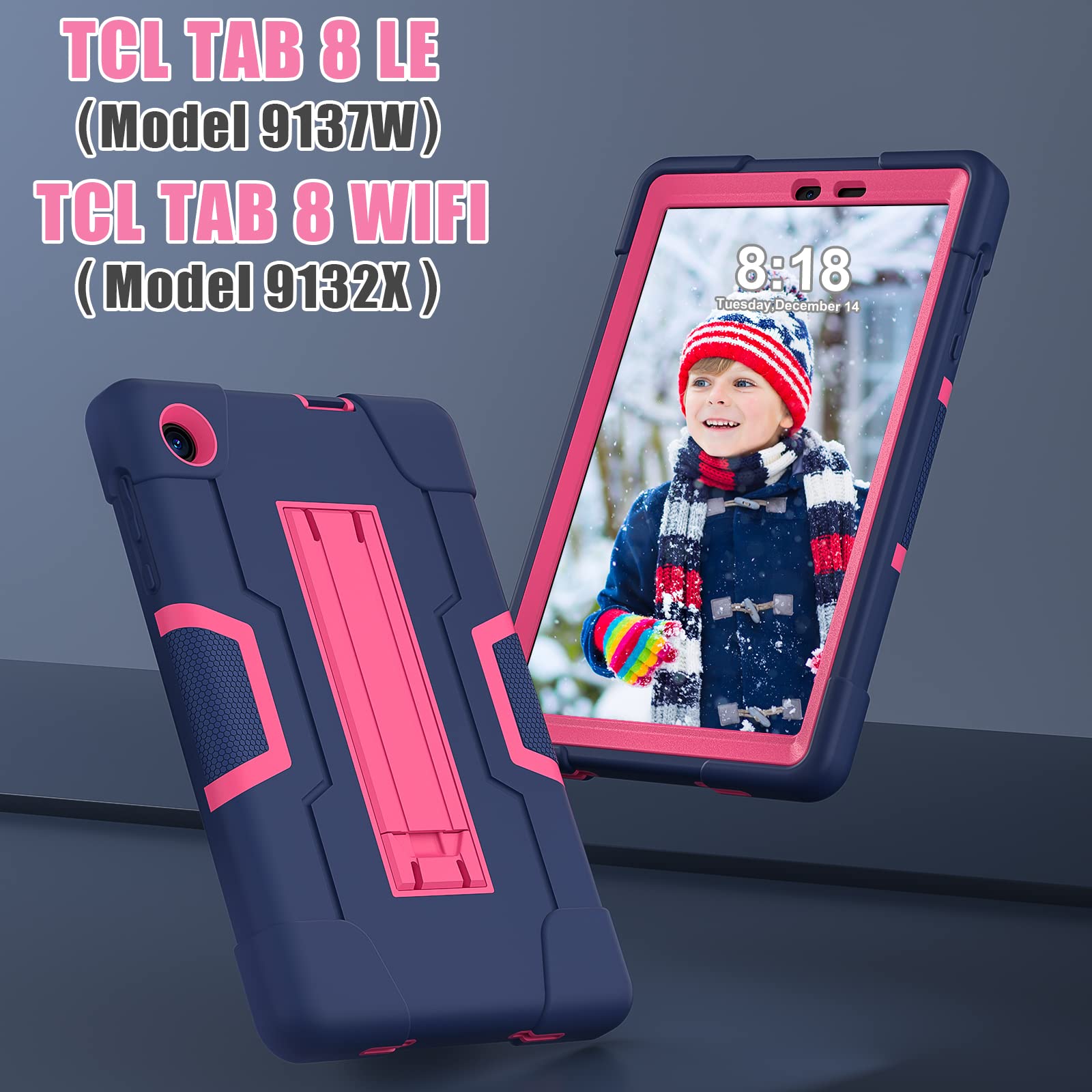 Bingcok for TCL TAB 8 LE Case, TCL TAB 8 LE Case for Kids, Heavy Duty Rugged Full-Body Hybrid Shockproof Drop Protection Cover for TCL Tab 8 LE (9137W) 2023/TCL Tab 8 WiFi (9132X) (5-Navy+Rose)