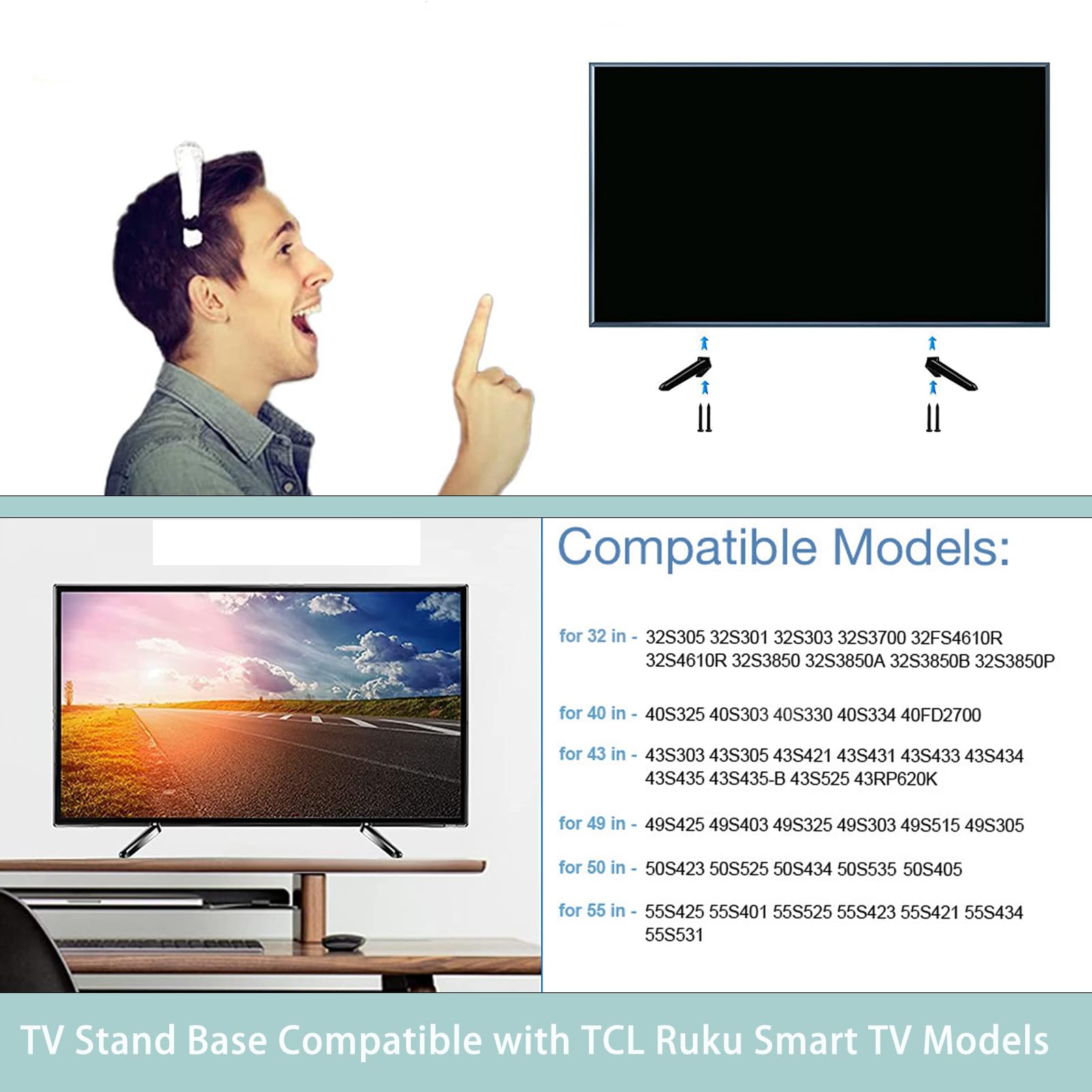 KUNHEHO TV Stand Base TV Legs Compatible with TCL Roku Smart TV for 27 28 29 30 32 37 40 55 Inch 32S305 32S301 32S303 40S355 40S325 43S425 43S431 50S431 50S435 55S425 65S433 65S555 with Screws