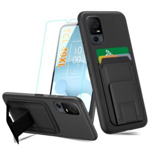 case for lively jitterbug smart4 / lively smart 4 /tcl 40xl / tcl 40t case with tempered glass screen protector folding kickstand/stand card holder/ slots wallet shockproof protective case - black