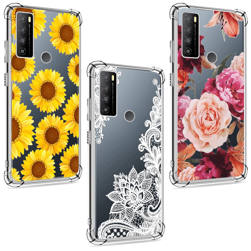 HAIJ (3 Pack) for TCL 30 XL Case, Shock-Absorption Anti-Scratch Crystal Clear Soft TPU Bumper Protective Phone Case Cover for TCL 30 XL (T701DL), White Flower, Purple Flower, Sun Flower