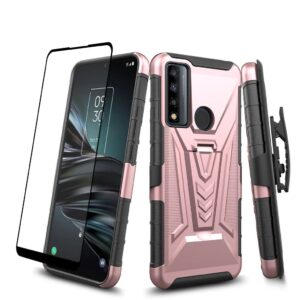 galaxy wireless case for alcatel tcl 20 a 5g / tcl 4x 5g (t601dl) case with tempered glass screen protector hybrid cover with kickstand phone belt clip holster case cover - rose gold