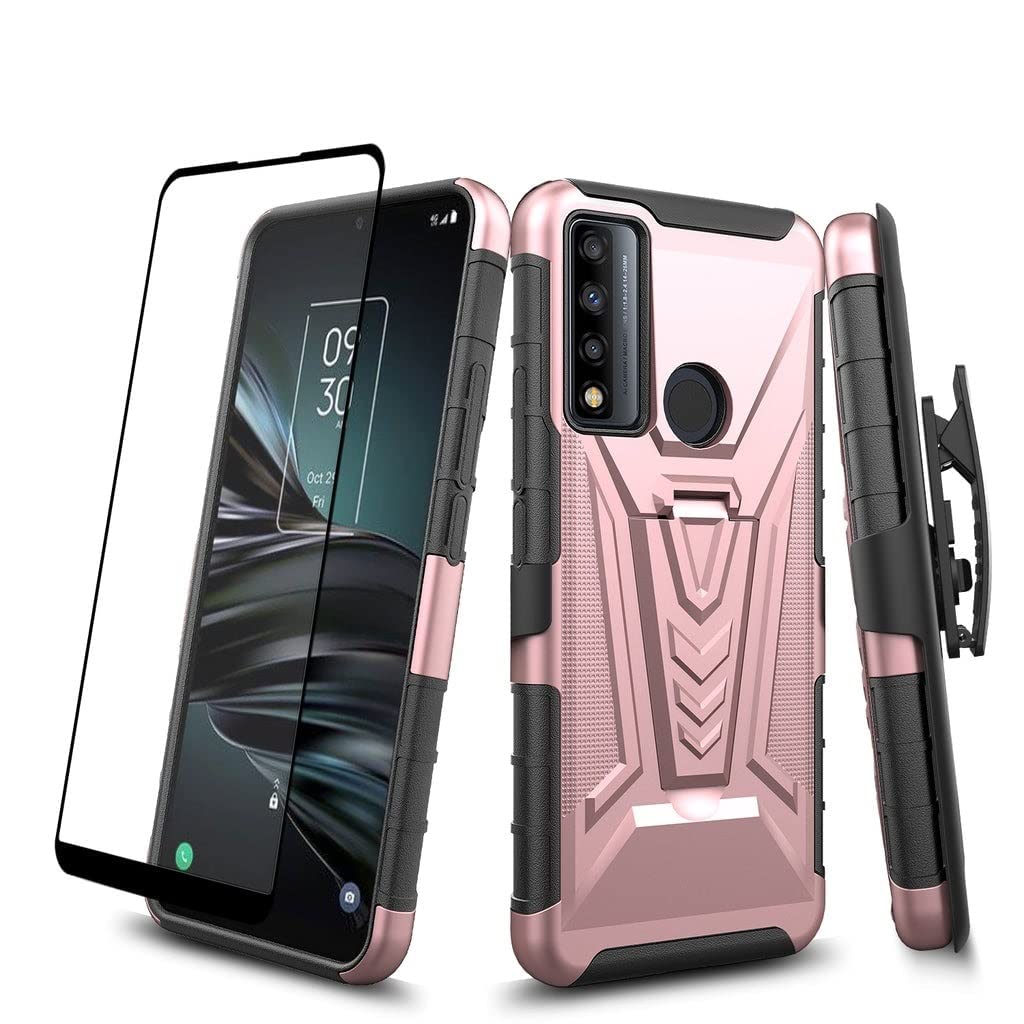 Galaxy Wireless Case for Alcatel TCL 20 A 5G / TCL 4X 5G (T601DL) Case with Tempered Glass Screen Protector Hybrid Cover with Kickstand Phone Belt Clip Holster Case Cover - Rose Gold