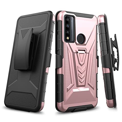 Galaxy Wireless Case for Alcatel TCL 20 A 5G / TCL 4X 5G (T601DL) Case with Tempered Glass Screen Protector Hybrid Cover with Kickstand Phone Belt Clip Holster Case Cover - Rose Gold