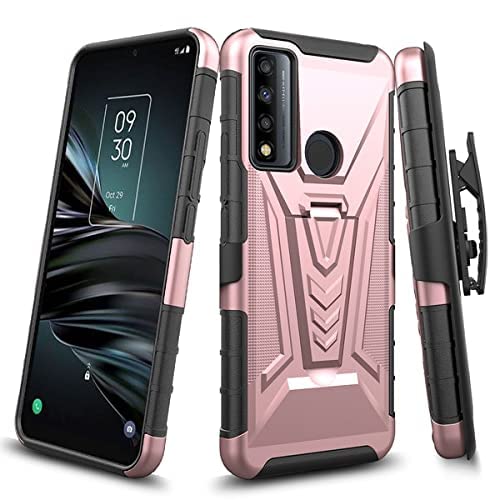 Galaxy Wireless Case for Alcatel TCL 20 A 5G / TCL 4X 5G (T601DL) Case with Tempered Glass Screen Protector Hybrid Cover with Kickstand Phone Belt Clip Holster Case Cover - Rose Gold