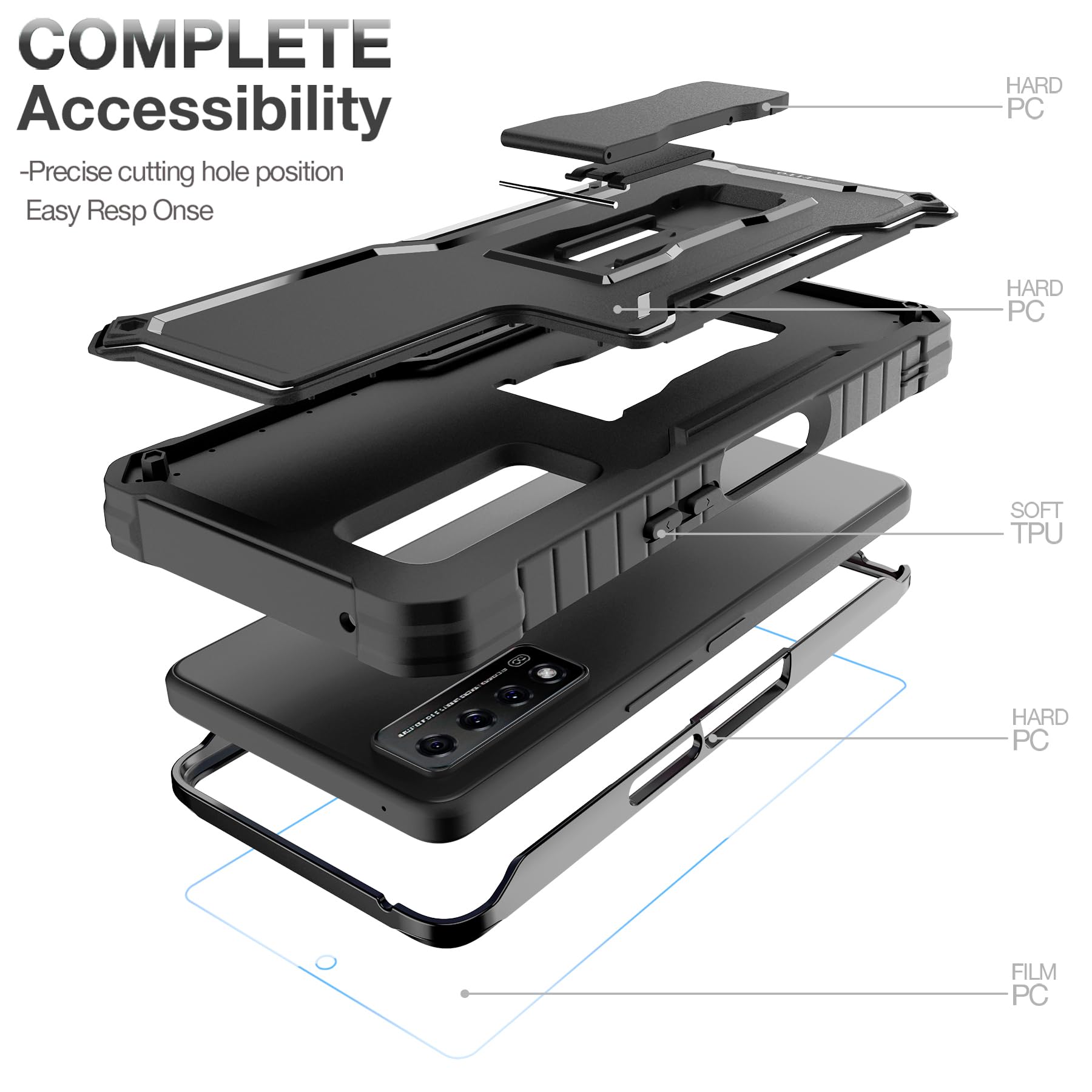 FITO for TCL Stylus 5G Case, Dual Layer Shockproof Heavy Duty Case for TCL Stylus 5G Phone with Screen Protector, Built-in Kickstand (Black)