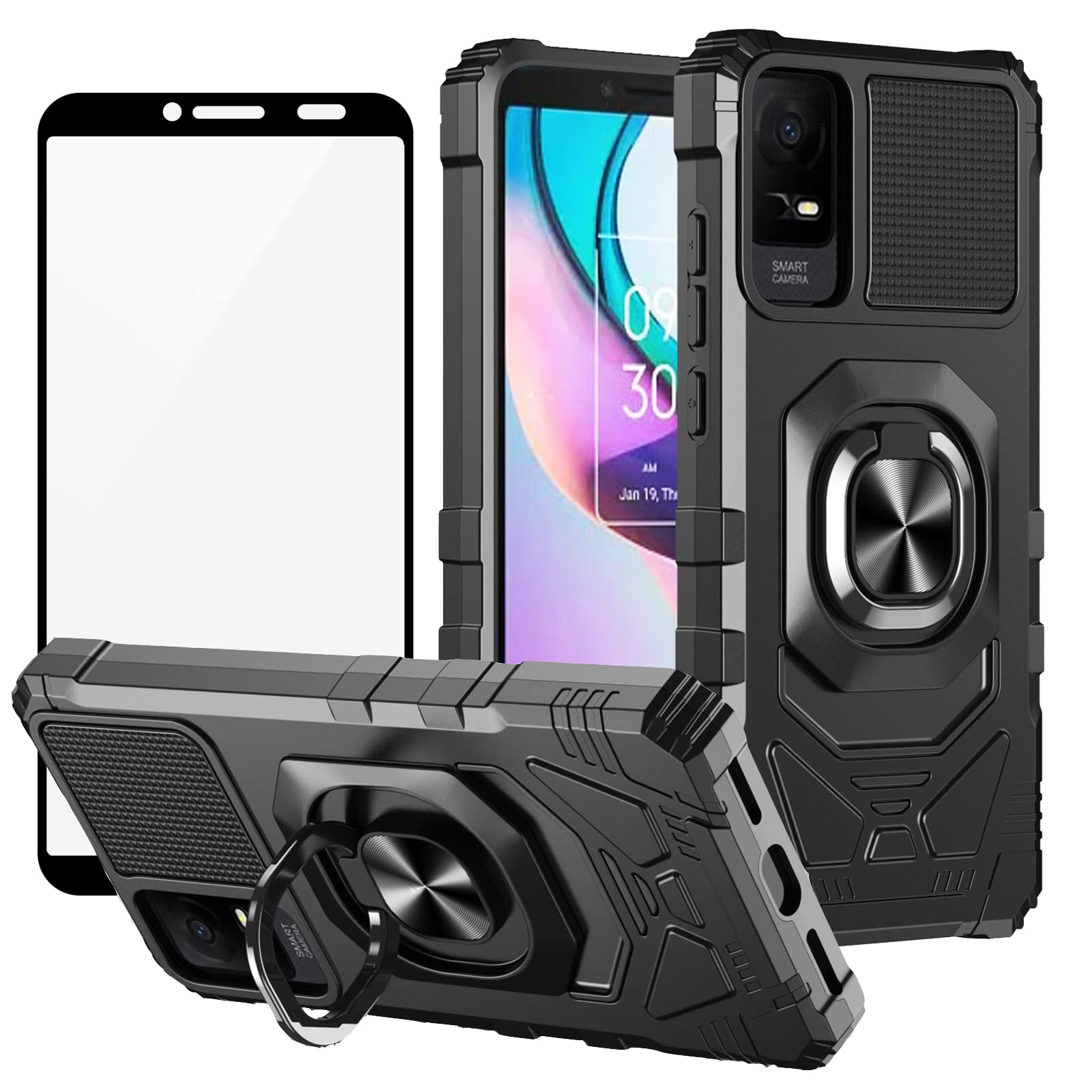 Ailiber Case for TCL ION V, TCL ION X Phone Case with Tempered Glass Screen Protector, Ring Kickstand for Magnetic Car Mount, Military Grade, Heavy Duty Shockproof Phone Cover for TCL IONX/IONV-Black