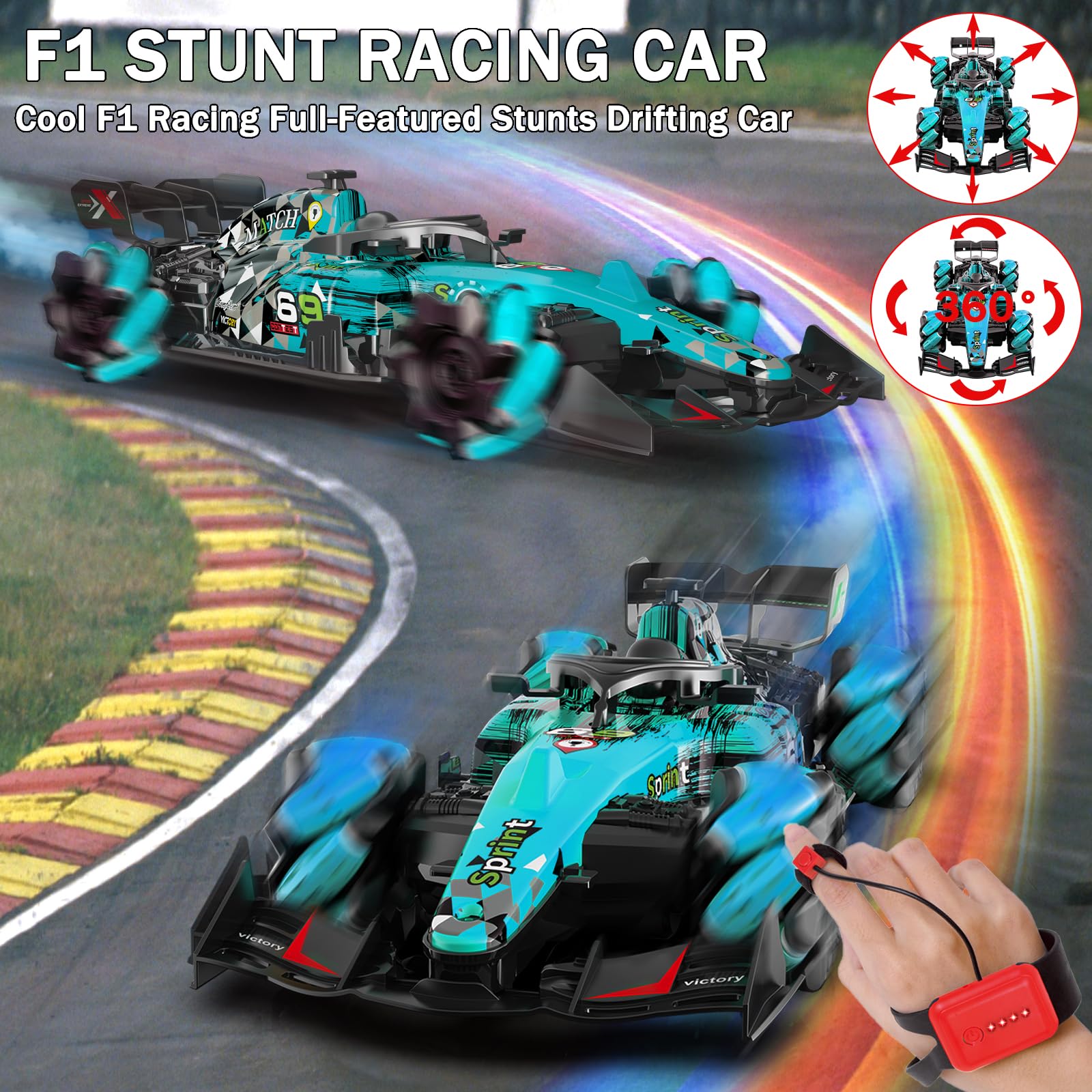 Ruxrcni Gesture Sensing Remote Control Car, F1 RC Stunt Car 1:14 Scale 4WD 2.4GHz 360° Rotating RC Cars Toy for Kids with Spray Lights RC Drift Car Boys Girls Gifts Birthday Xmas for 6-12 Year Old