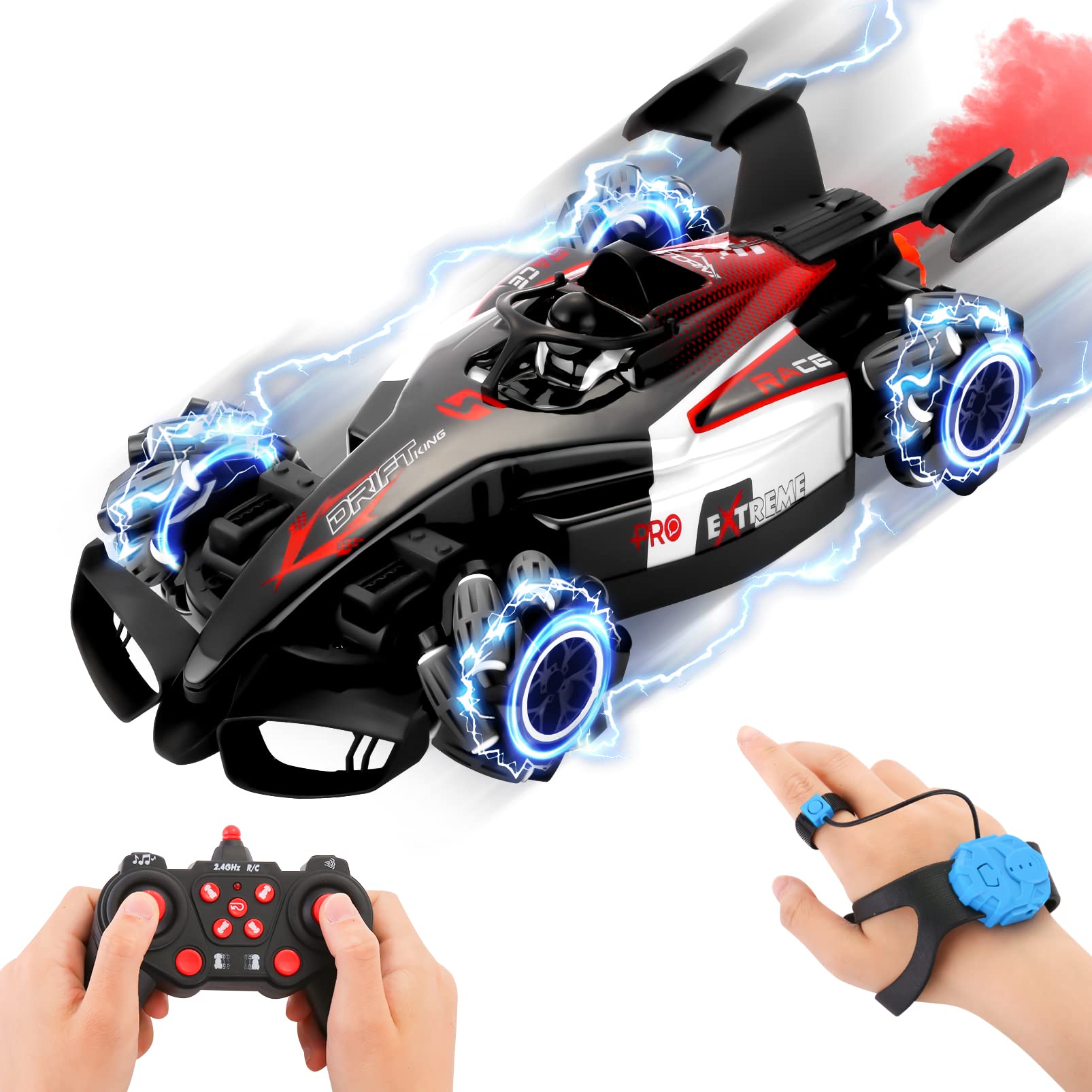 T.V.V.Fashy High Speed F1 RC Drift Car for Kids Ages 4-8, 4WD 2.4Ghz 360 Rotating Rechargeable Drift RC Car for Boys, Light & Music Gesture Sensing RC Stunt Car for Boys Age 8-12