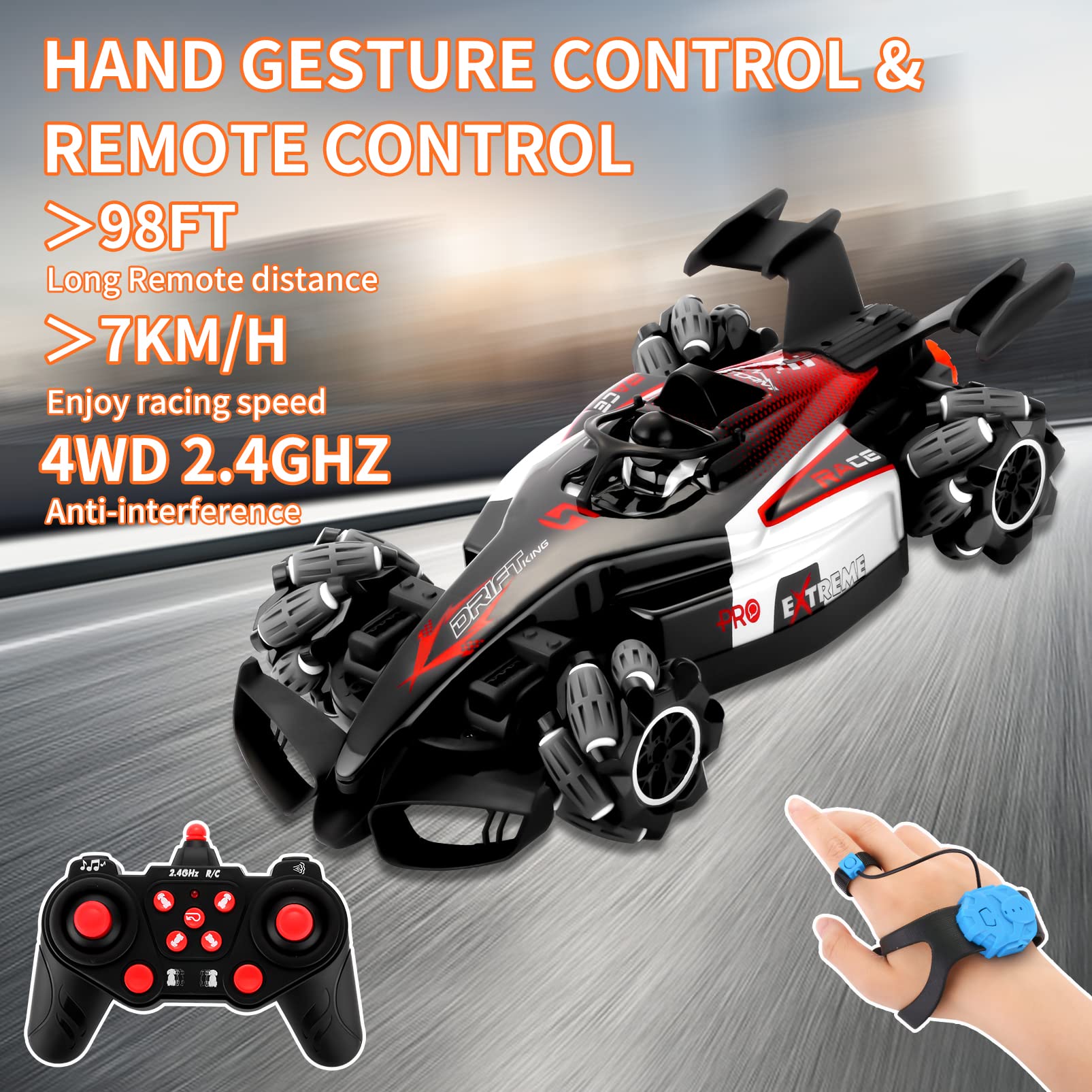 T.V.V.Fashy High Speed F1 RC Drift Car for Kids Ages 4-8, 4WD 2.4Ghz 360 Rotating Rechargeable Drift RC Car for Boys, Light & Music Gesture Sensing RC Stunt Car for Boys Age 8-12