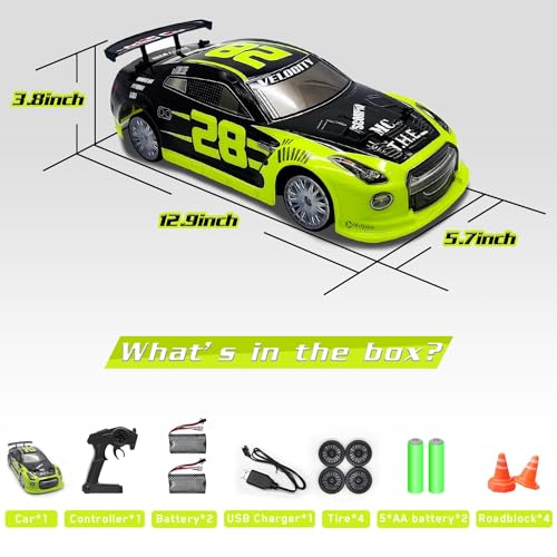 RACENT 2.4GHz 4WD 25KPH High Speed RC Drift Car with LED Lights, PVC Shell, ABS Base, Rechargeable Batteries, Toy Gift for Kids & Adults