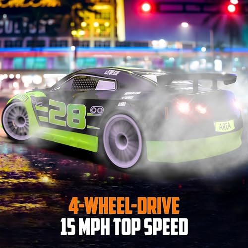 RACENT 2.4GHz 4WD 25KPH High Speed RC Drift Car with LED Lights, PVC Shell, ABS Base, Rechargeable Batteries, Toy Gift for Kids & Adults