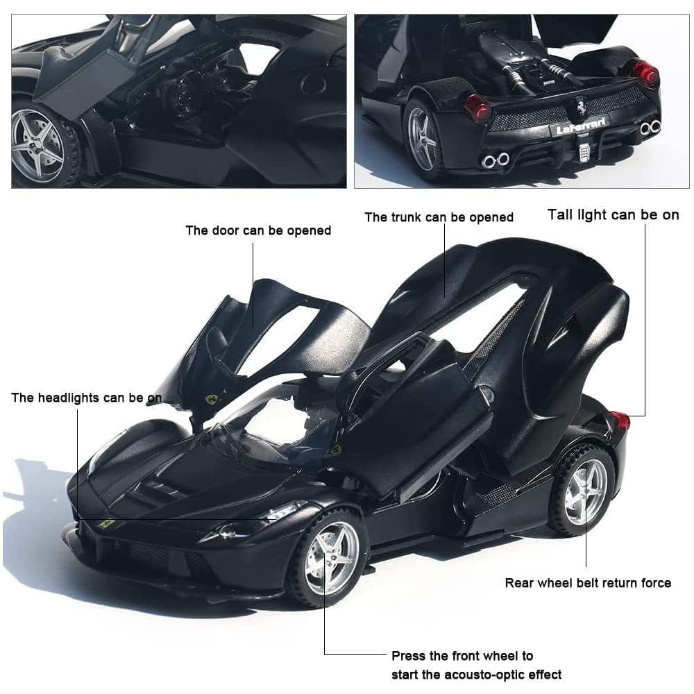 Compatible for 1:32 Ferrari Sportscar Race Car Model Toy for Kids Boy Girl or Adult Ideas Gift, Pull Back Toy Car Alloy Diecast Vehicle w/Sound & Light, for LaFerrari Lovers or Child (Black)