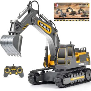 double e remote control excavator toy construction toys tractor rechargeable battery rc vehicles electric truck sandbox digger toys for boys girls kids, gray