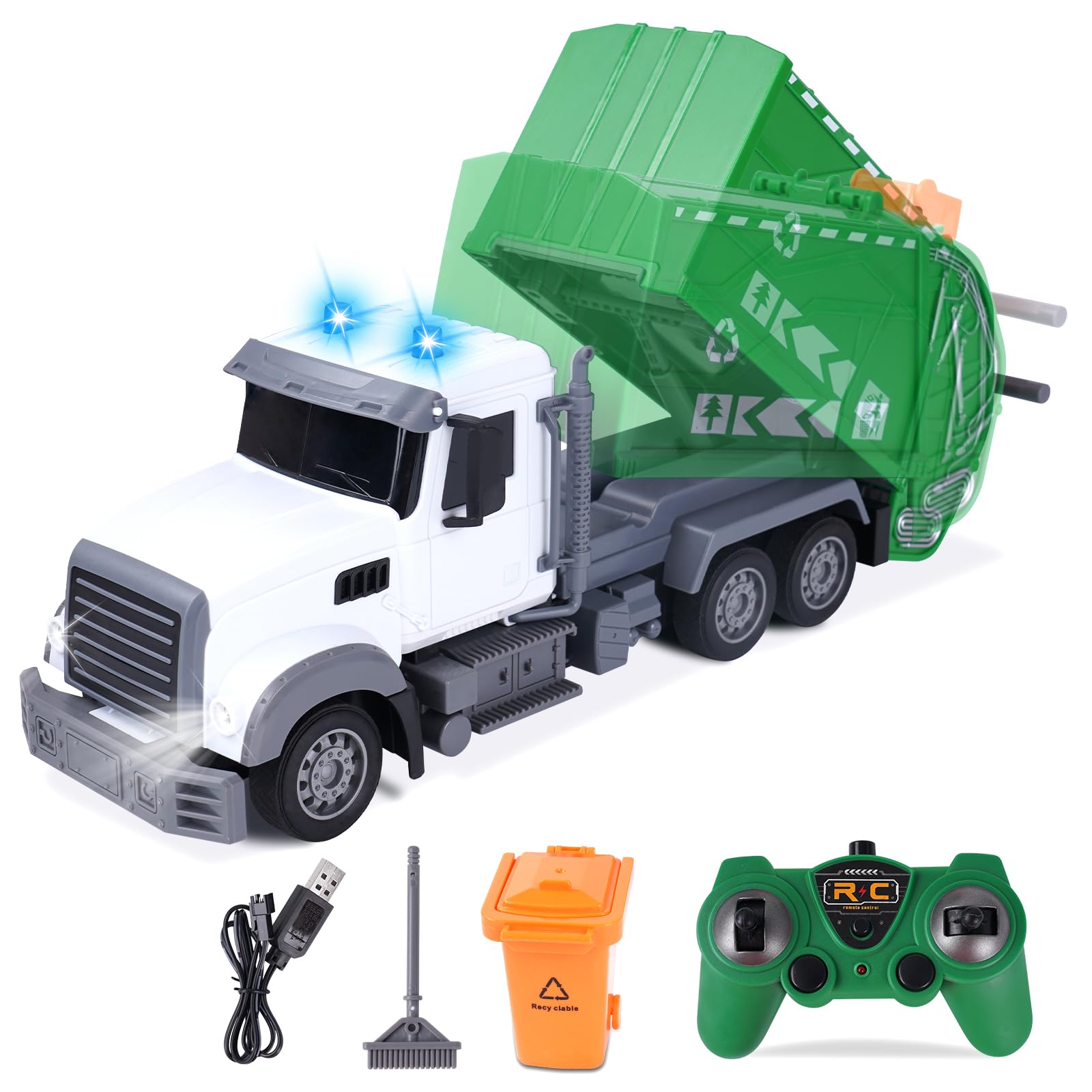 Hiitytin 2.4ghz Remote Control Garbage Truck Toys, 1:24 RC Recycling Trash Truck with Rechargeable Batteries, 6 Channel Rc Waste Management Garbage Truck & with Lights Gift for Kids Boys Girls 3+