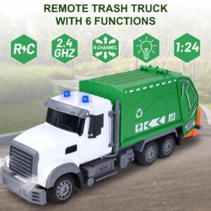 Hiitytin 2.4ghz Remote Control Garbage Truck Toys, 1:24 RC Recycling Trash Truck with Rechargeable Batteries, 6 Channel Rc Waste Management Garbage Truck & with Lights Gift for Kids Boys Girls 3+