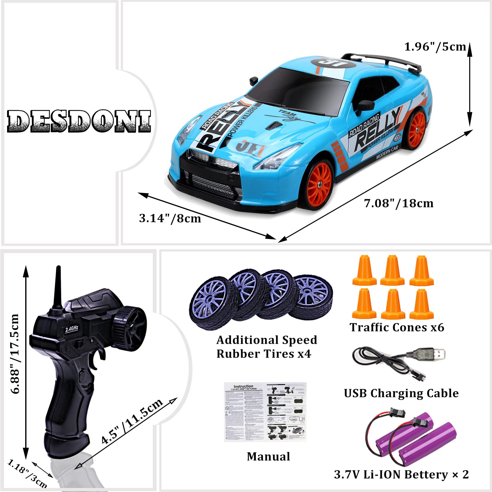 Remote Control Car RC Drift Car 2.4GHz 1:24 Scale 4WD 15KM/H High Speed Model Vehicle LED Lights Drifting Tire Racing Sport Toy Car for Adult Boy Girl Kid Gift 2Pcs Rechargeable Batterie