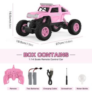 NQD 4WD Remote Control Truck - 1:14 Big Monster Stunt Car All Terrain Off-Road Hobby RC Truck 2.4Ghz with LED Headlight Rock Crawler Rechargeable Electric Toy for Boys & Girls Gifts（Pink）