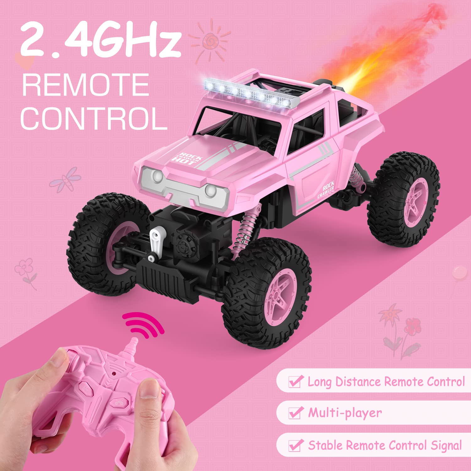 NQD 4WD Remote Control Truck - 1:14 Big Monster Stunt Car All Terrain Off-Road Hobby RC Truck 2.4Ghz with LED Headlight Rock Crawler Rechargeable Electric Toy for Boys & Girls Gifts（Pink）